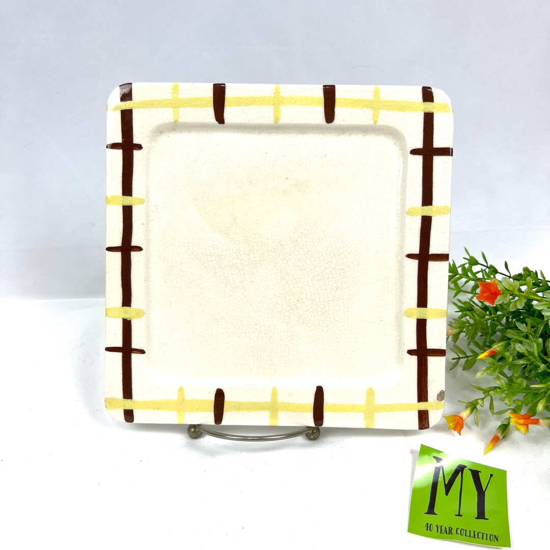 Vintage Square Ceramic Dish With Brown and Yellow Line Trim Spoon Rest ...