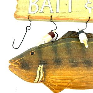 Vintage Rustic Wood Bait and Tackle Wall Hanging - Wood Fish Shape With ...