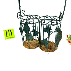 Vintage Two Wine Bottle Holder - Metal and Wicker Wine Basket - Grape ...