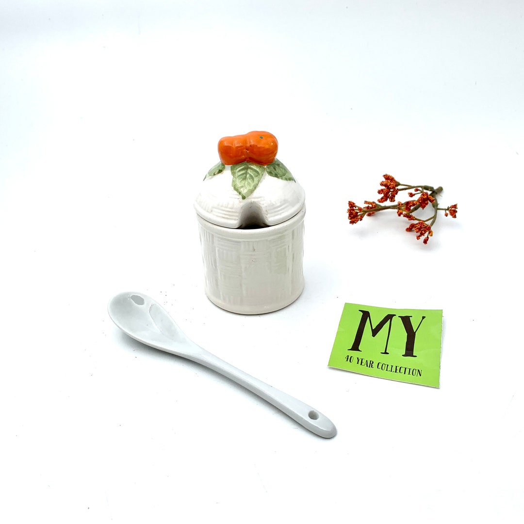 Vintage White Porcelain Jam Jar With Oranges on Top of the Lid Small ...