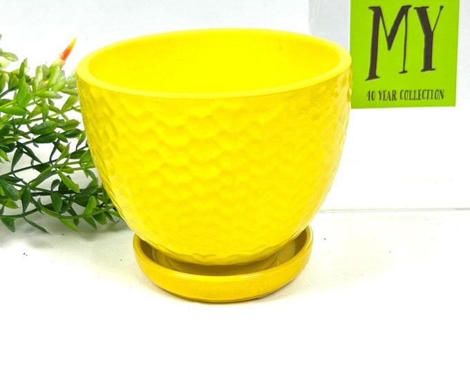 Vintage Small Flower Pot - Yellow Ceramic Planter With Saucer ...