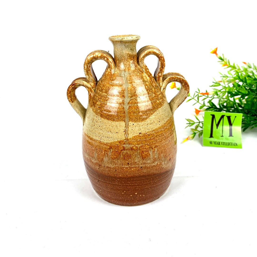 Beautiful Vintage Glazed Coiled Pottery Jug Double Handles Three Tone ...