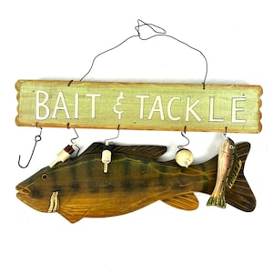 Vintage Rustic Wood Bait and Tackle Wall Hanging - Wood Fish Shape With ...