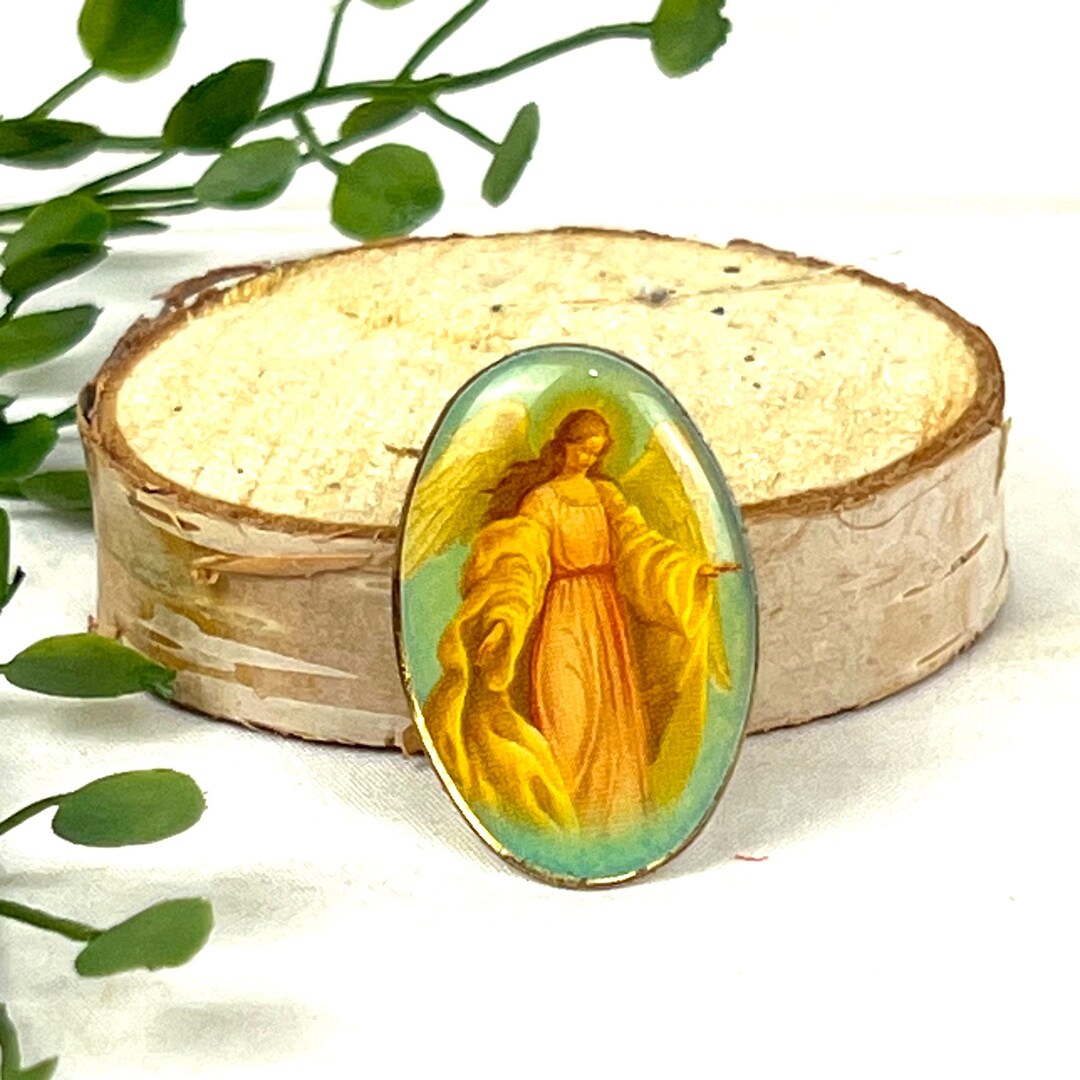 Vintage Lapel Pin Guardian Angel Oval Pin With Angel Looking From Skies ...