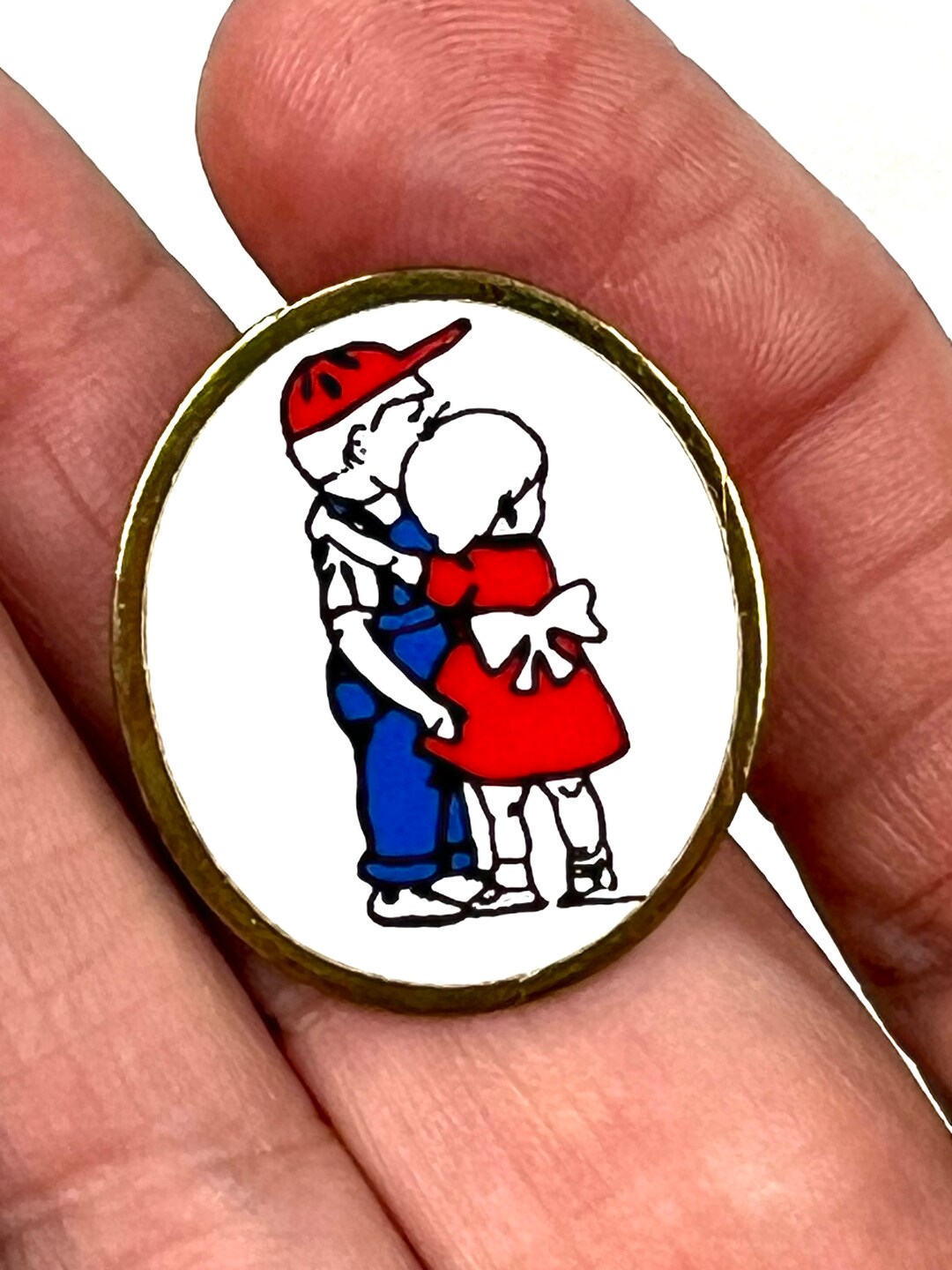 Vintage Lapel Pin - Oval Boy and Girl Red White and Blue Pin ...