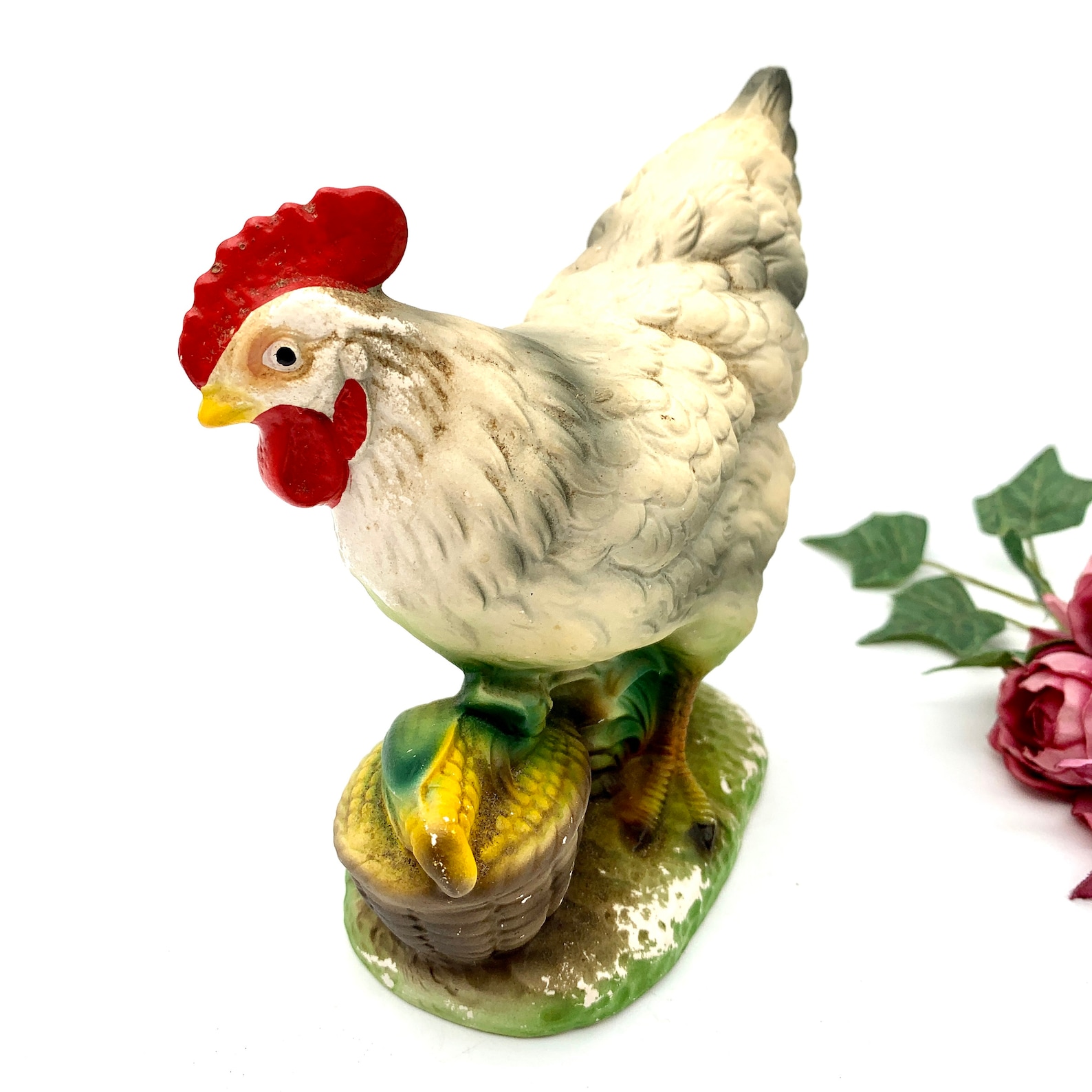 Vintage Porcelain Gray Chicken Figurine Chicken With Corn - Etsy