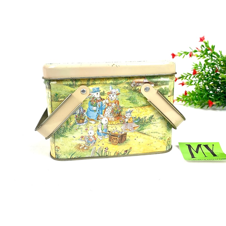 Vintage Square Two Hinged Handle Tin Box Bunnny Family With - Etsy