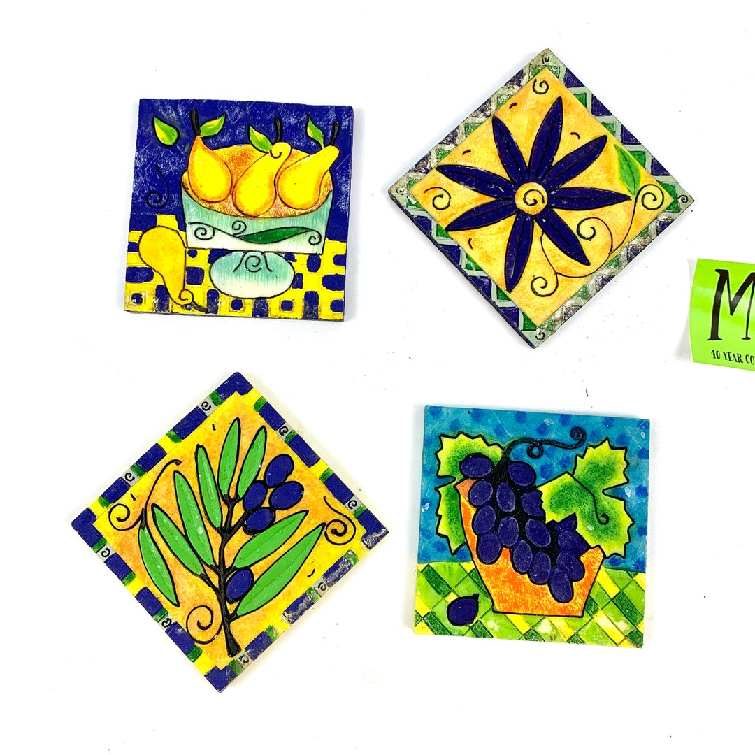 Vintage Square Tile Coaster Fruit and Flower Handpainted Textured ...