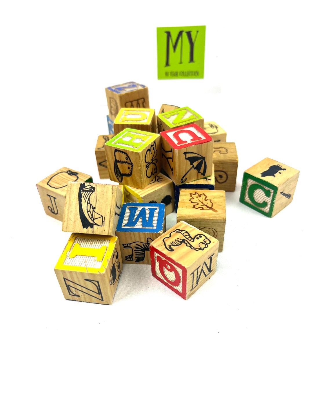 Vintage Wooden Blocks - Four Side Letters Pictures Mix Match Lot of 24 ...