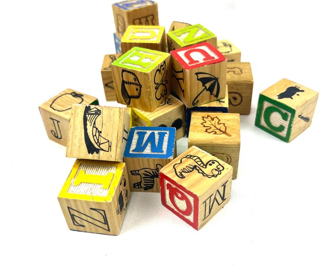Vintage Wooden Blocks - Four Side Letters Pictures Mix Match Lot of 24 ...