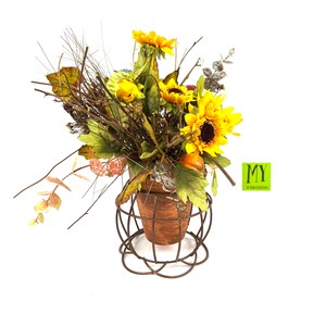 Vintage Fall Flower Arrangement - Faux Sunflowers Pupkins - Brushed ...