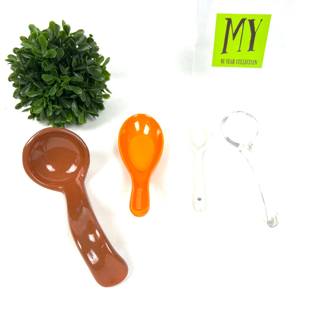 Vintage Small Serving Spoons - Brown Pottery - Orange Melamine - Clear ...