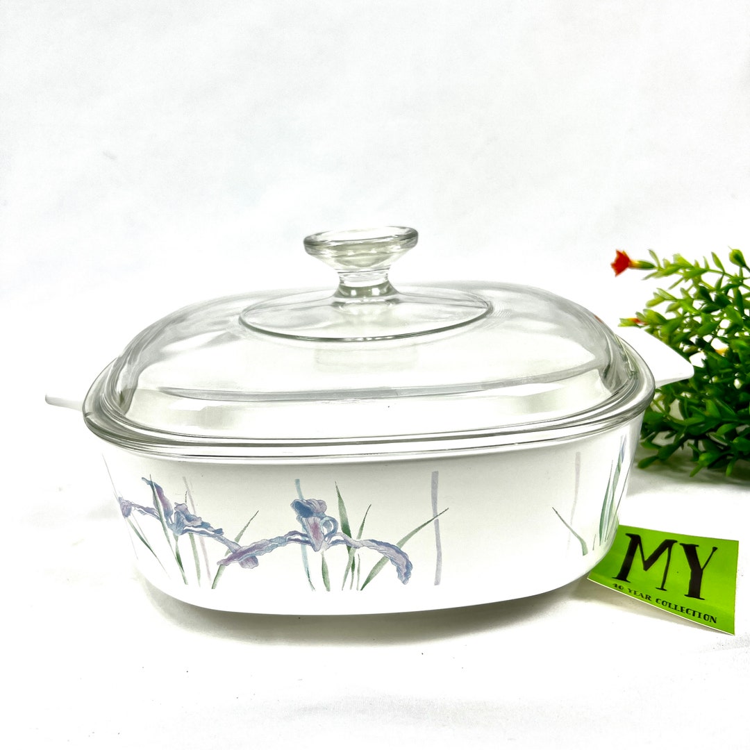 Vintage Corning Ware Shadow Iris Square 2 Quart Pan With Lid A-2-B Purple Flowers and Green Trim ...