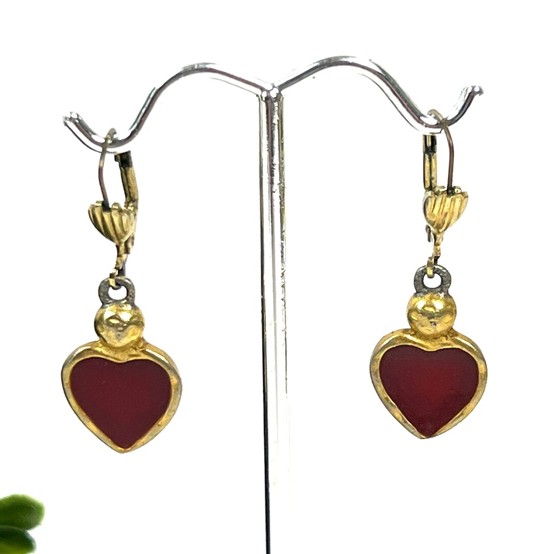 Beautiful Vintage Red Heart Drop Dangle Earrings Red With Gold Heart