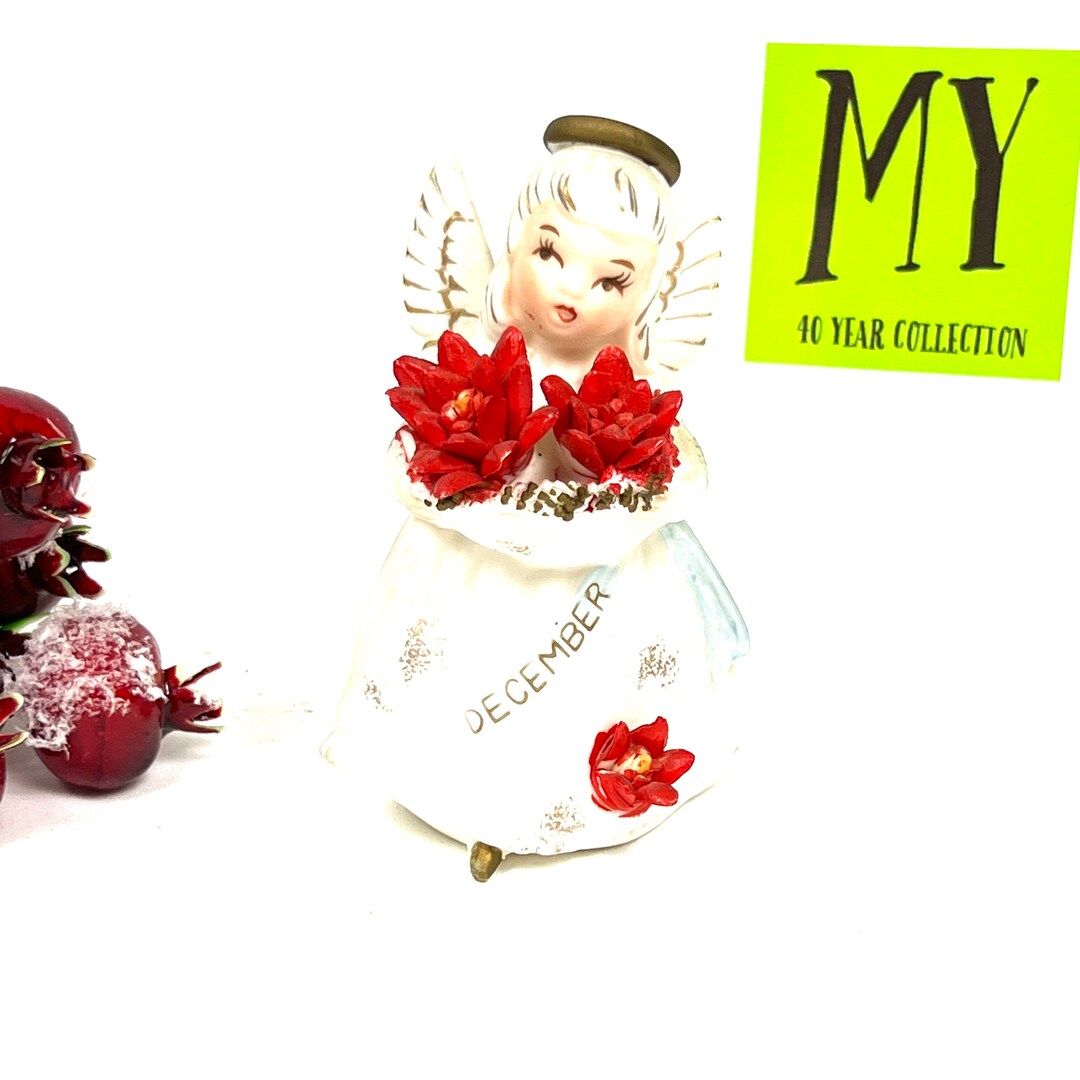 Vintage Lefton Birthday Angel December Poinsettia Girl in White Holding ...
