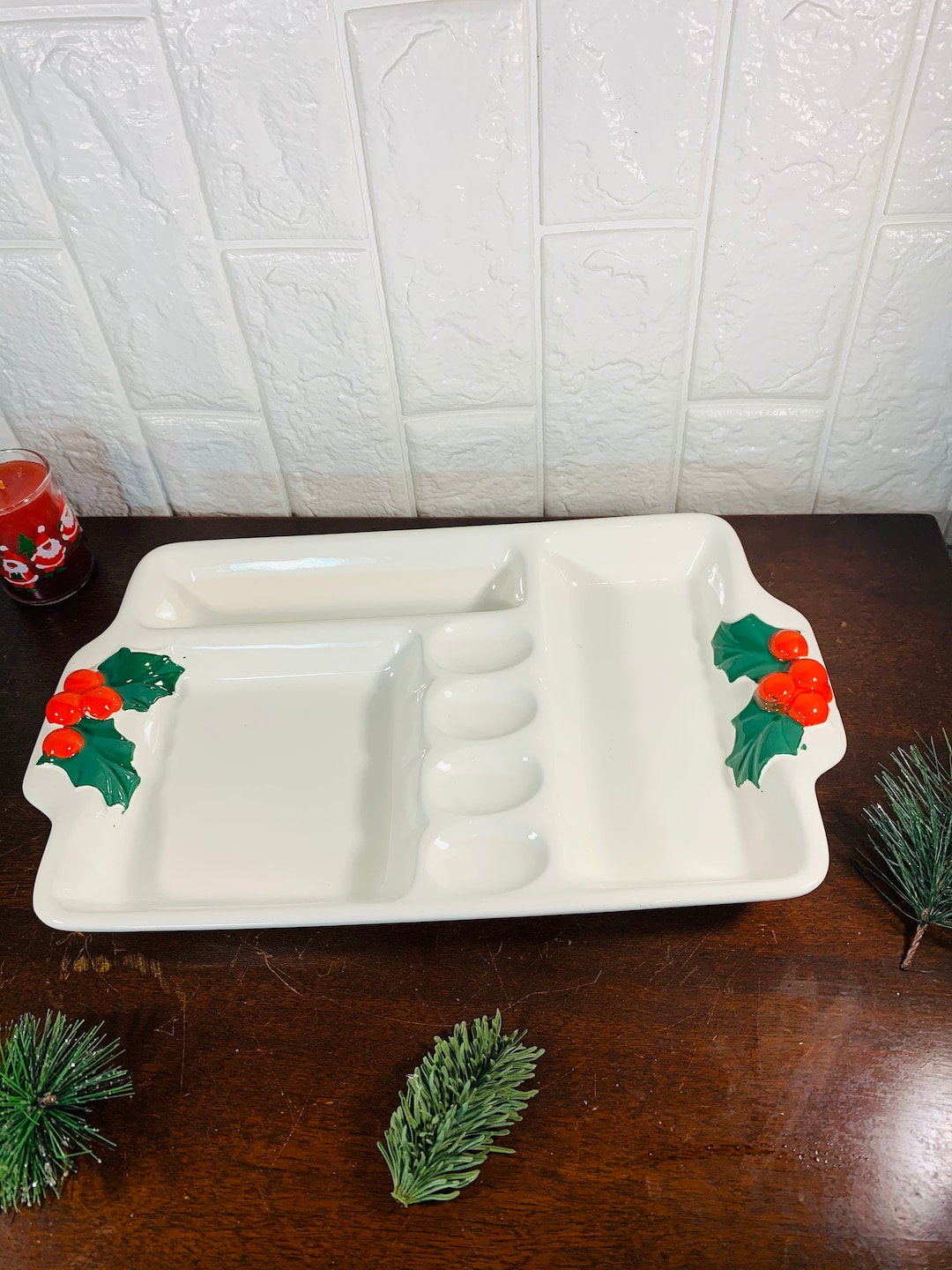 Vintage Christmas Multi-compartment Ceramic Server Divided Holiday Dish ...