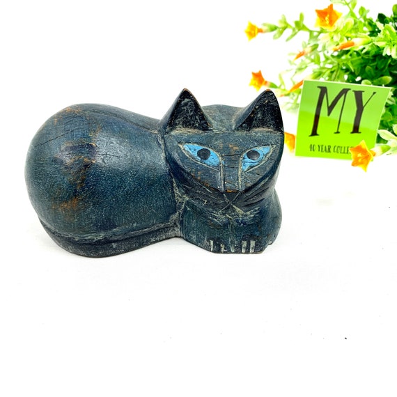 Vintage Wood Carved Blue Cat Figurine Made in Thailand Kitty | Etsy