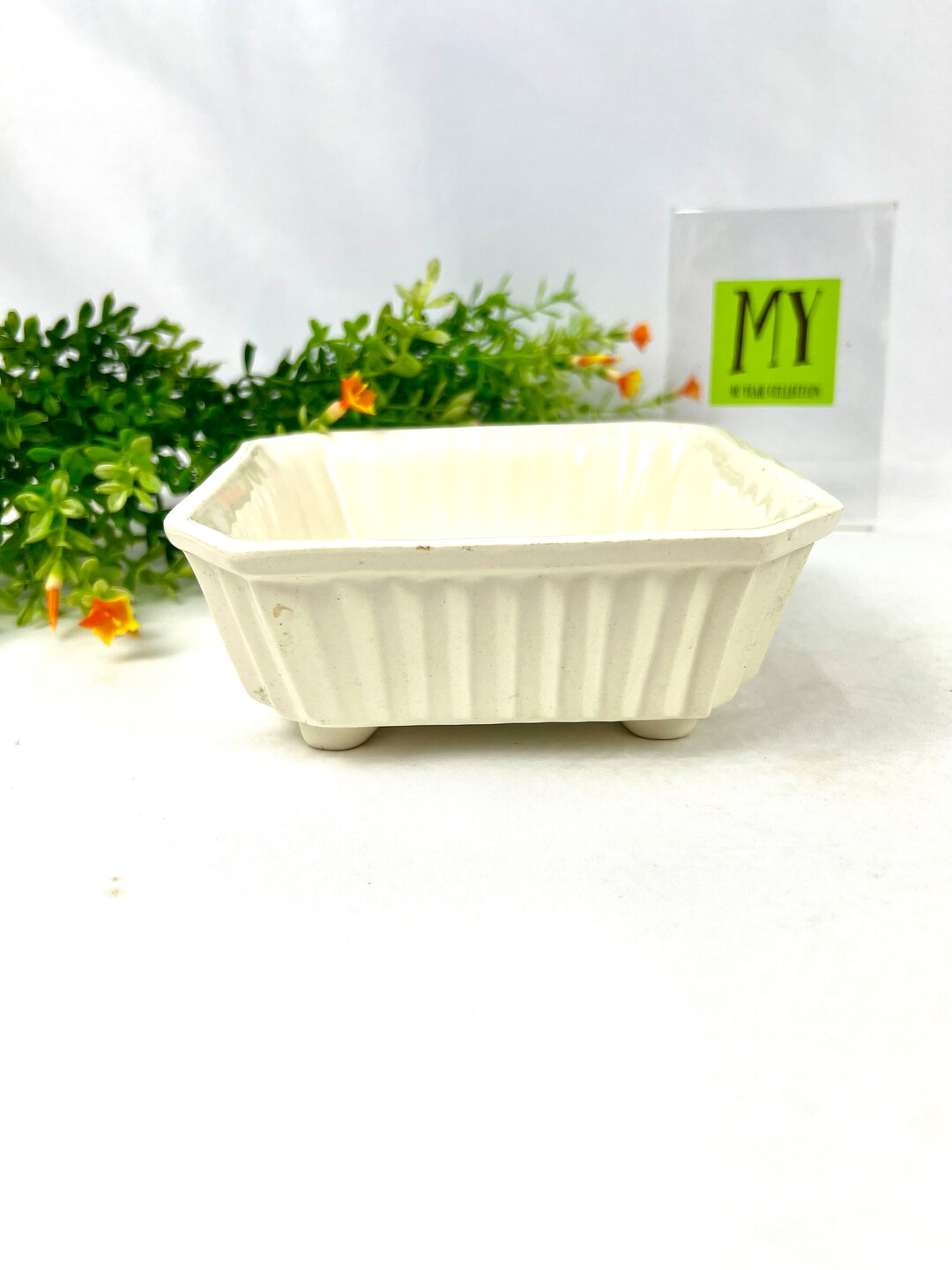 Vintage Planter - Ceramic Square Cream Ribbed Low Planter - Made in USA ...