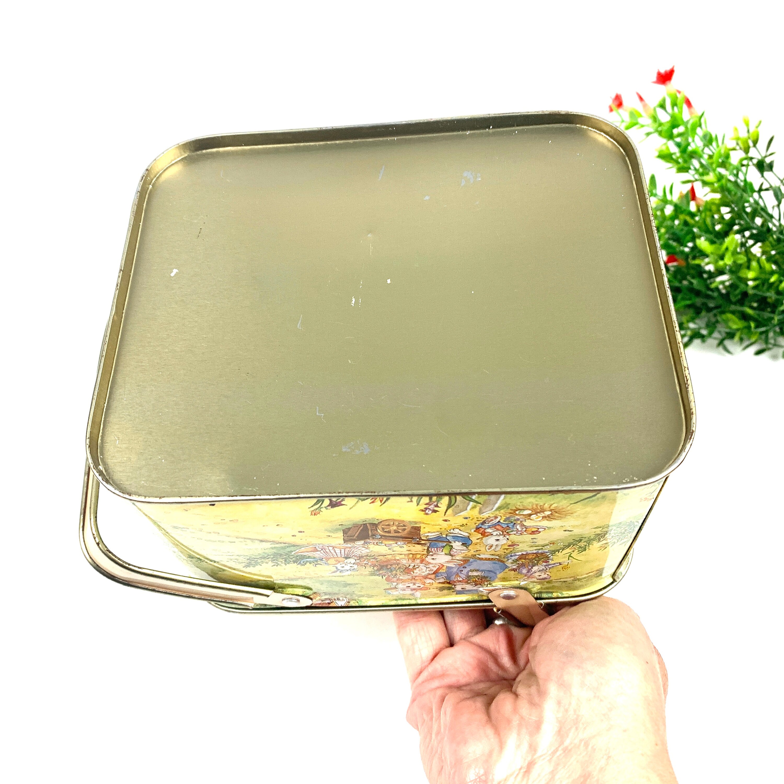 Vintage Square Two Hinged Handle Tin Box Bunnny Family With | Etsy