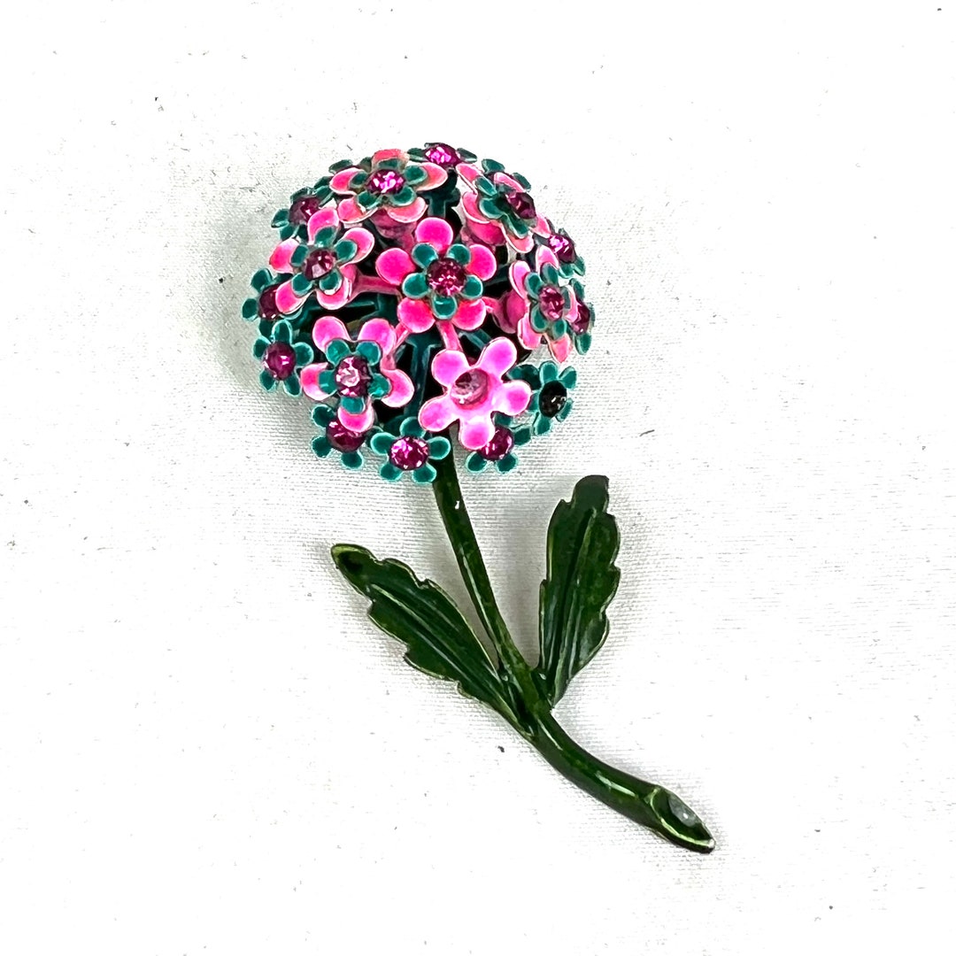 Vintage Brooch - Pink Flower Brooch - Painted Metal and Rhinestonel ...