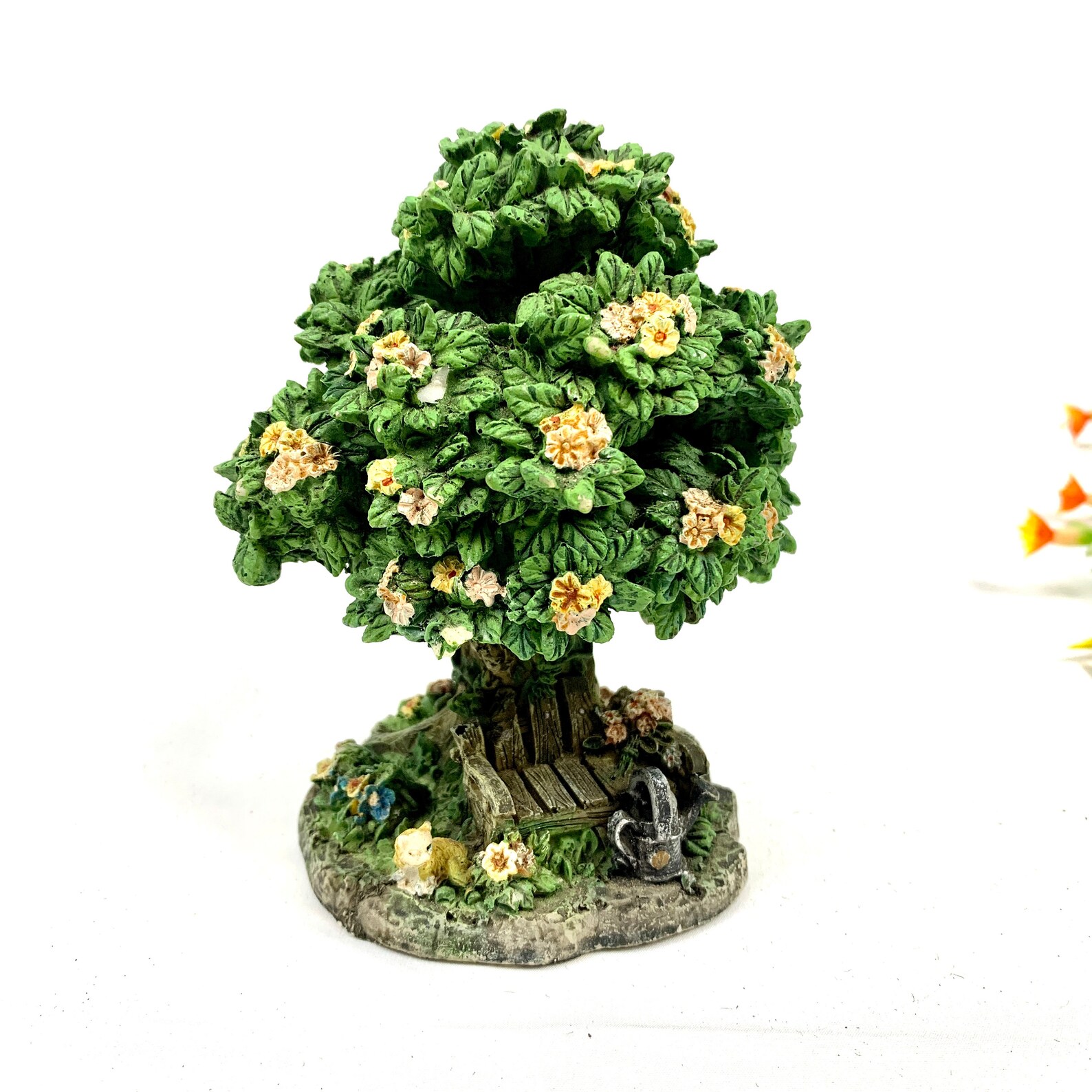 Precious Vintage Mini Fairy Tree Figurine Pink Flowers Tree Bench Water ...