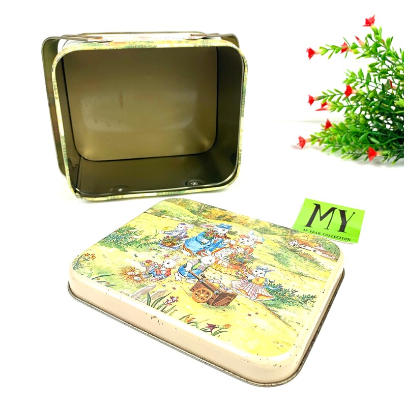 Vintage Square Two Hinged Handle Tin Box Bunnny Family With - Etsy