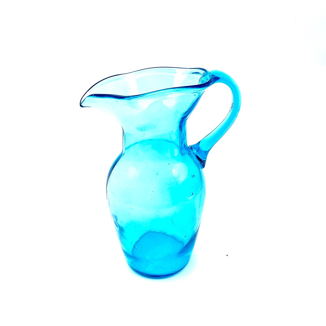 Vintage Aqua Blue Art Glass Pitcher Folded Top Pitcher Blue Pitcher ...