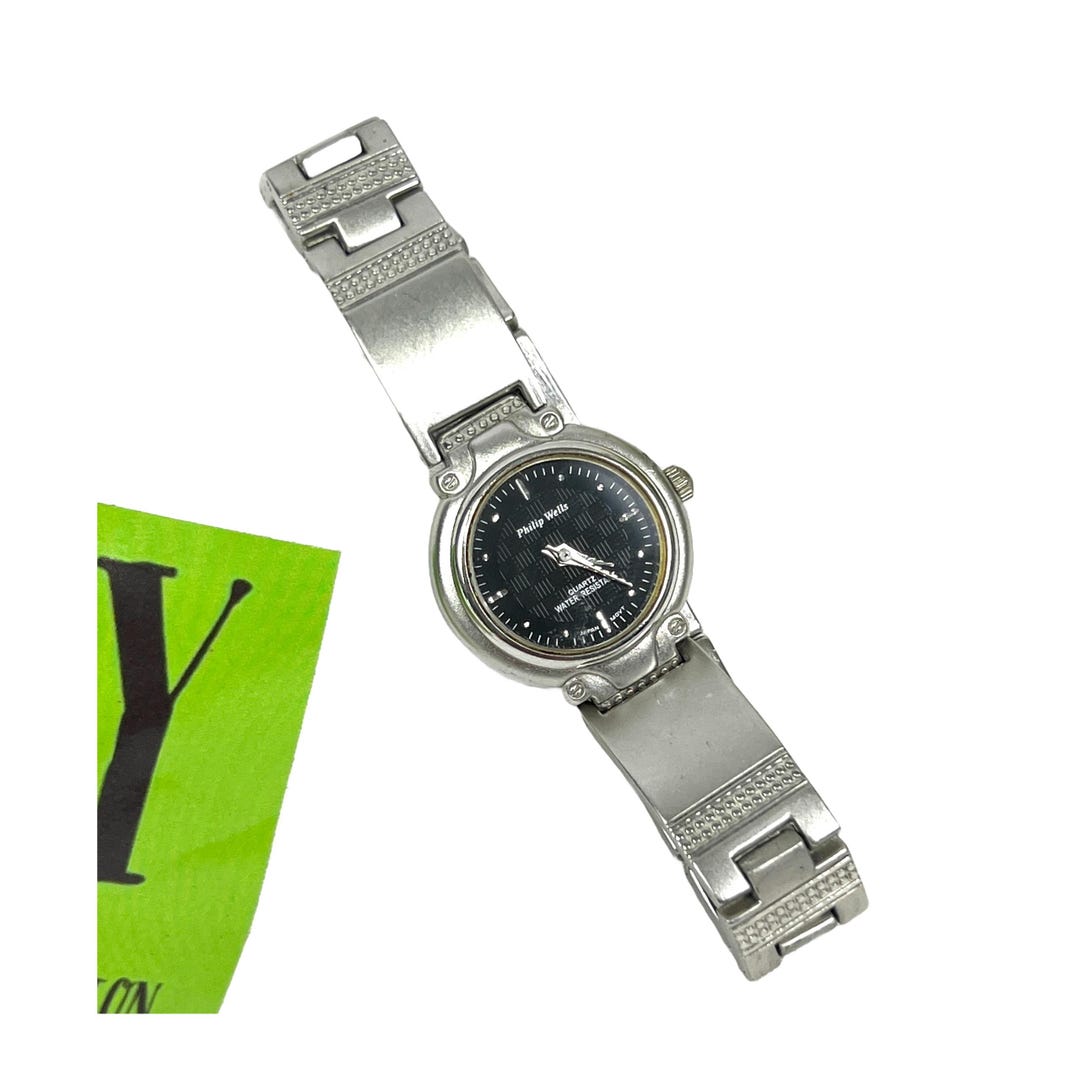 Vintage Philip Wells Quartz Watch – Black Dial, Stainless Steel Band ...
