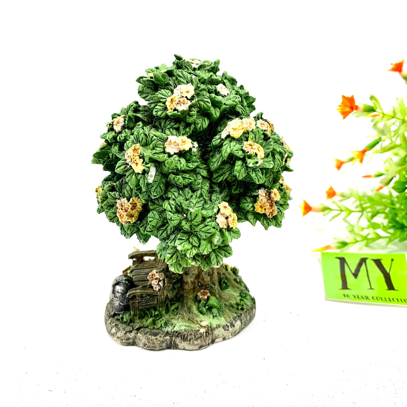 Precious Vintage Mini Fairy Tree Figurine Pink Flowers Tree Bench Water ...