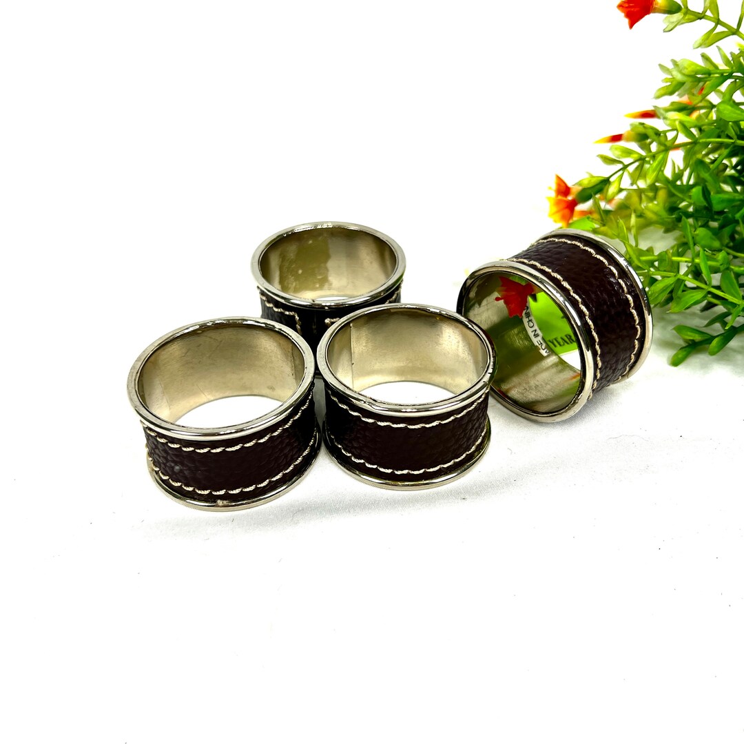 Vintage Pier 1 Set of 4 Brown Stitched Leather and Aluminum Napkin ...