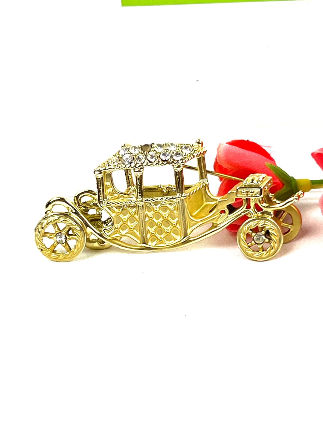 Vintage Brooch - AJC Gold Tone Old Car Brooch With Clear Rhinestones ...