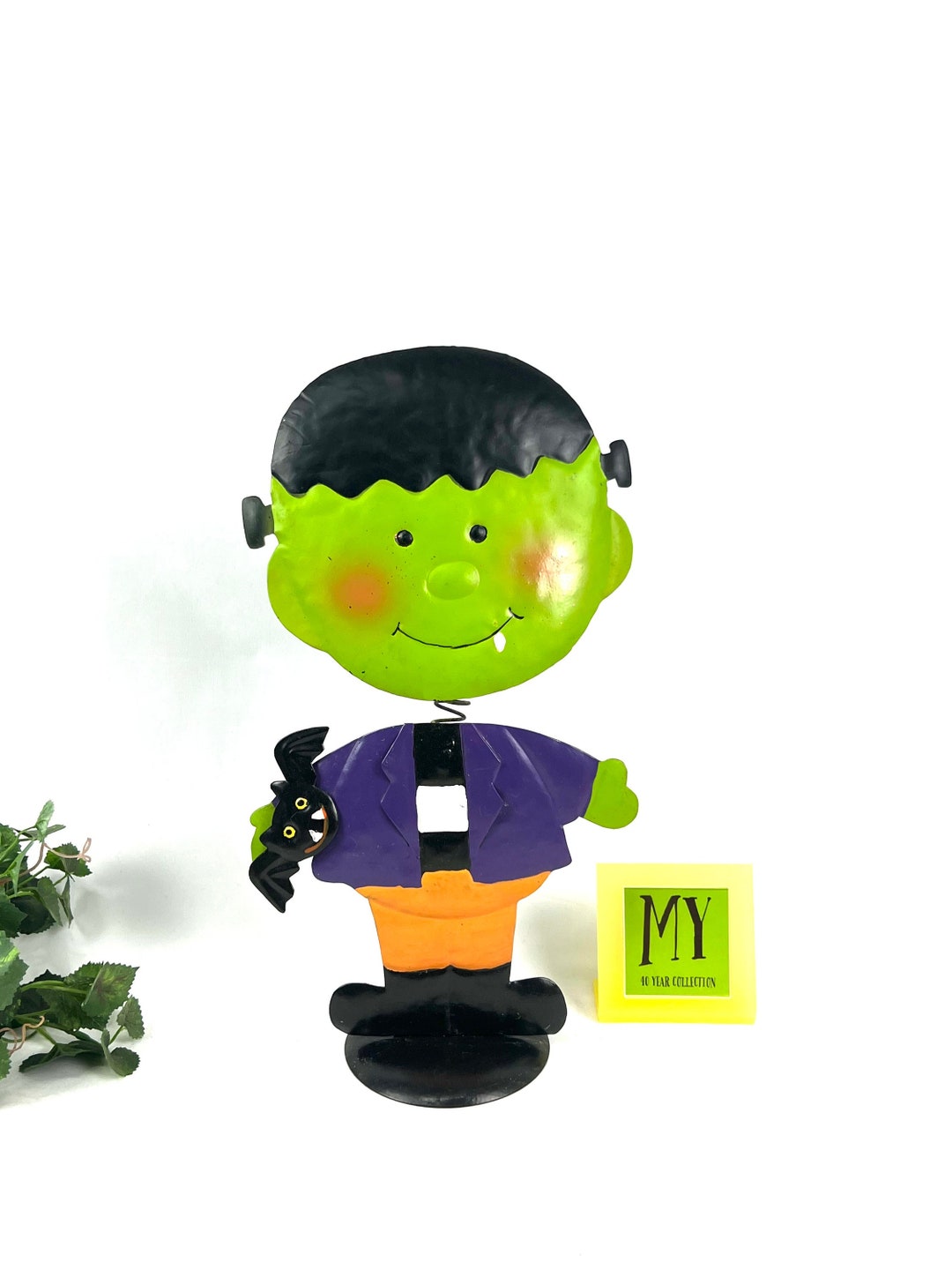 Vintage Halloween Decor - Cute Metal Frankenstein With Bat - Wobbly ...