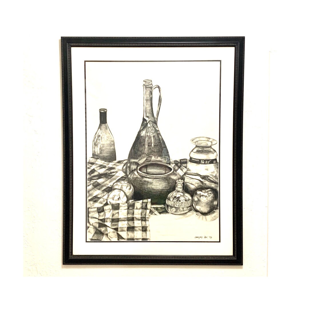 Original Charcoal Still Life Drawing: Checkered Tablecloth, Black Frame ...