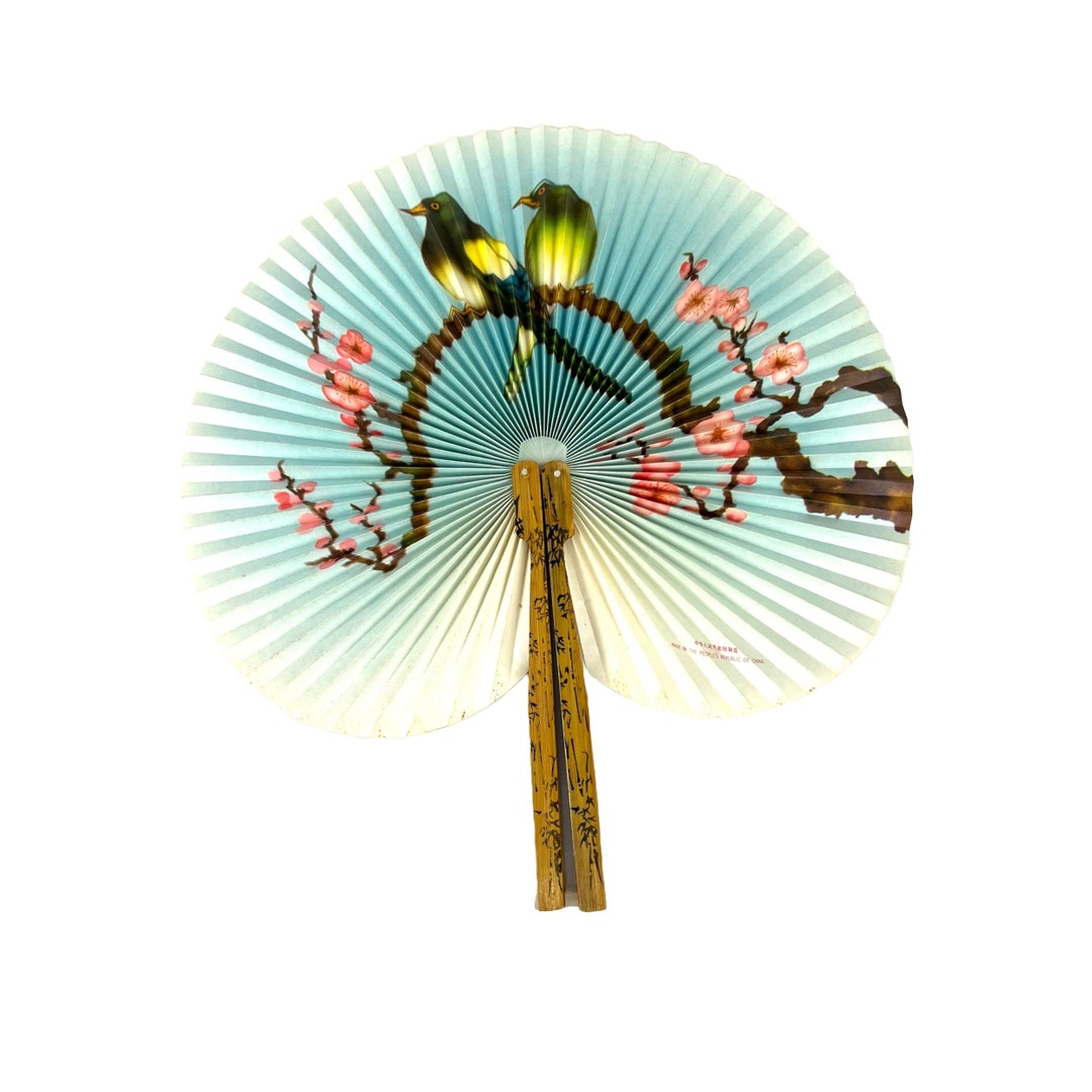 Vintage Chinese Hand Held Paper and Bamboo Wood Frame Folding Fan With ...