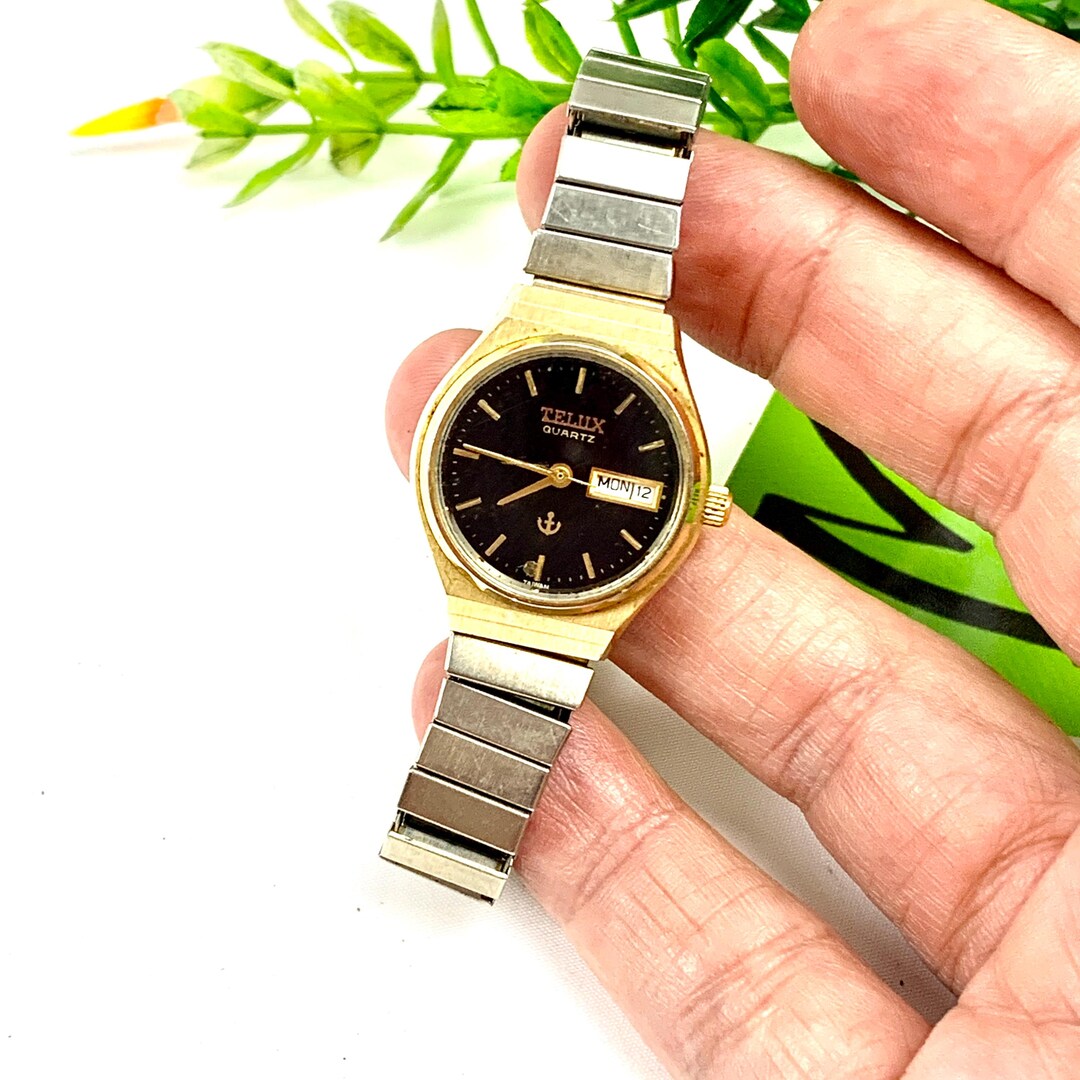 Vintage Telux Quartz Watch – Gold Tone, Black Dial, Day-date - Etsy