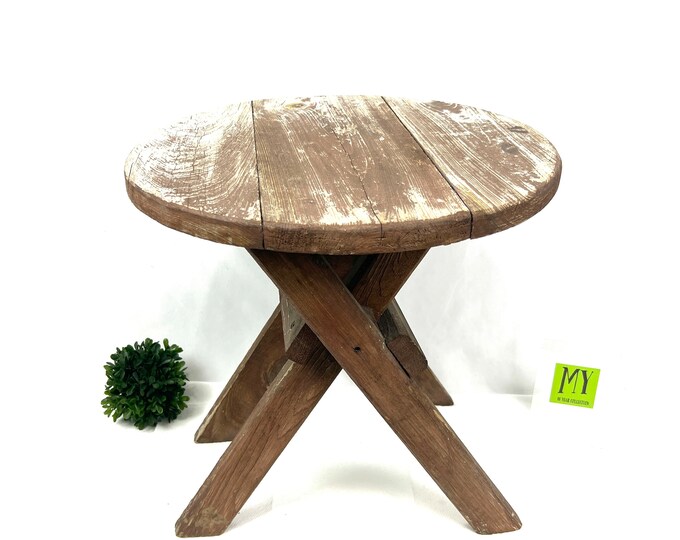 Vintage Rustic Chippy Wood Round Milking Stool - Side Table - Plant ...