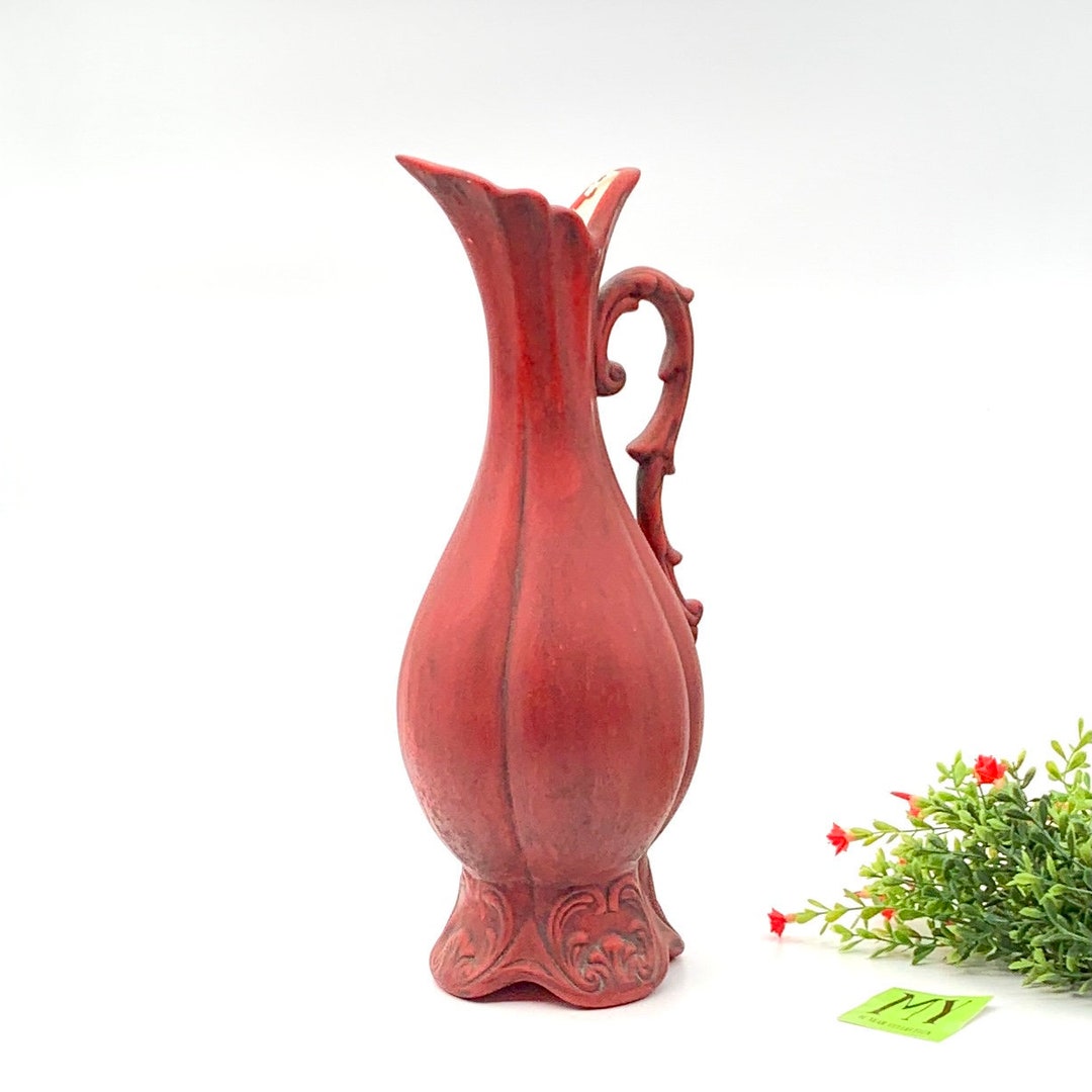 Vintage Tall Red Jug Vase 1978 Pottery Jug Vase Ornate Pottery Jug Boho ...