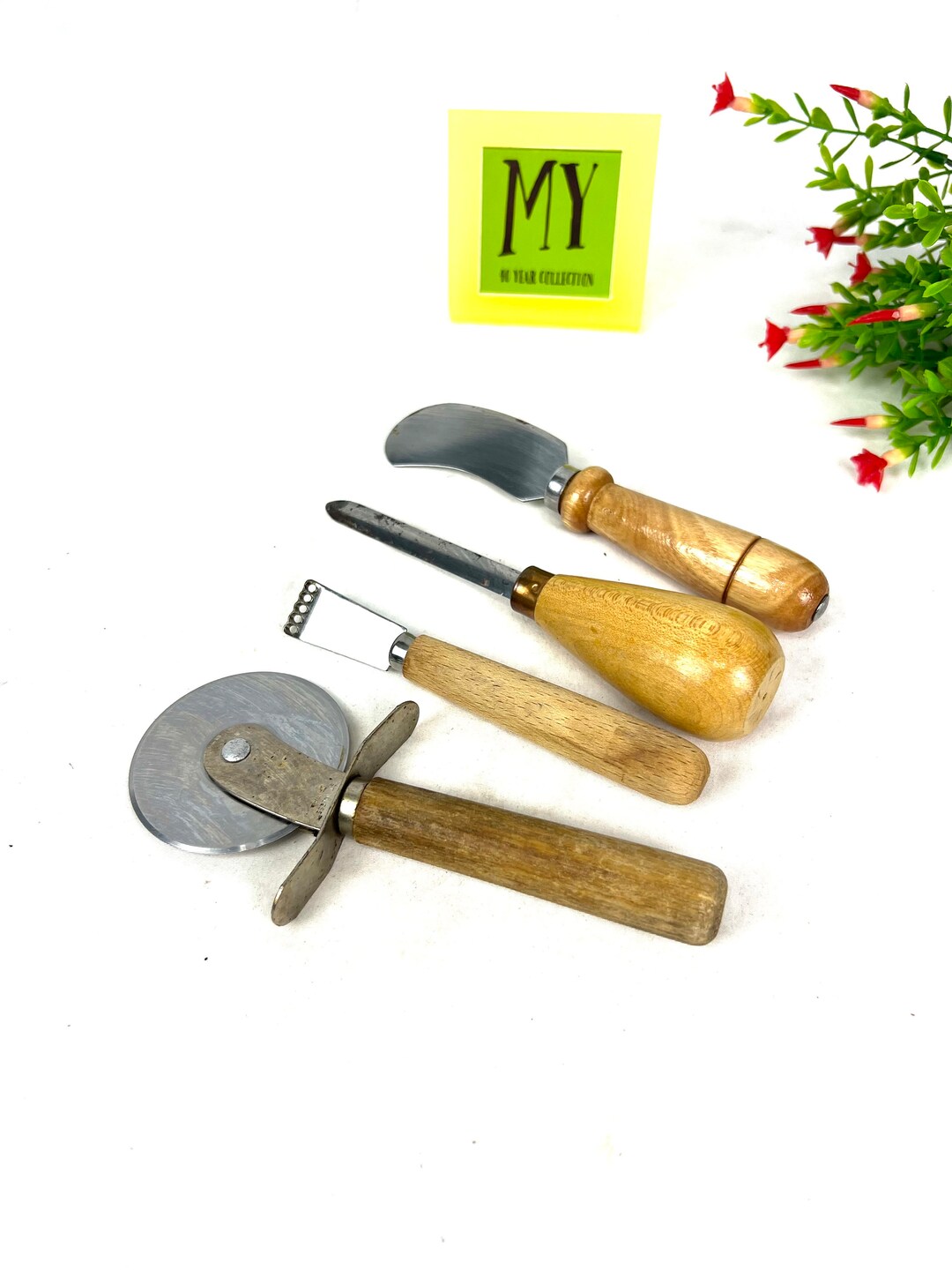 Vintage Kitchen Utensils - Wood Base - Mismatched - Pizza Cutter Zester ...