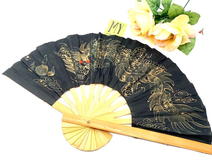 Vintage Chinese Dragon Fan Bamboo Fan Handpainted Dragon Black Fan ...