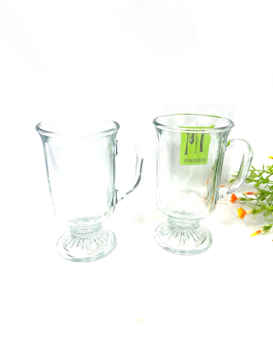 Vintage Pair Of Glass Footed Irish Coffee Glass Mugs Anchor Hocking Clear Glass Irish Coffee Mug