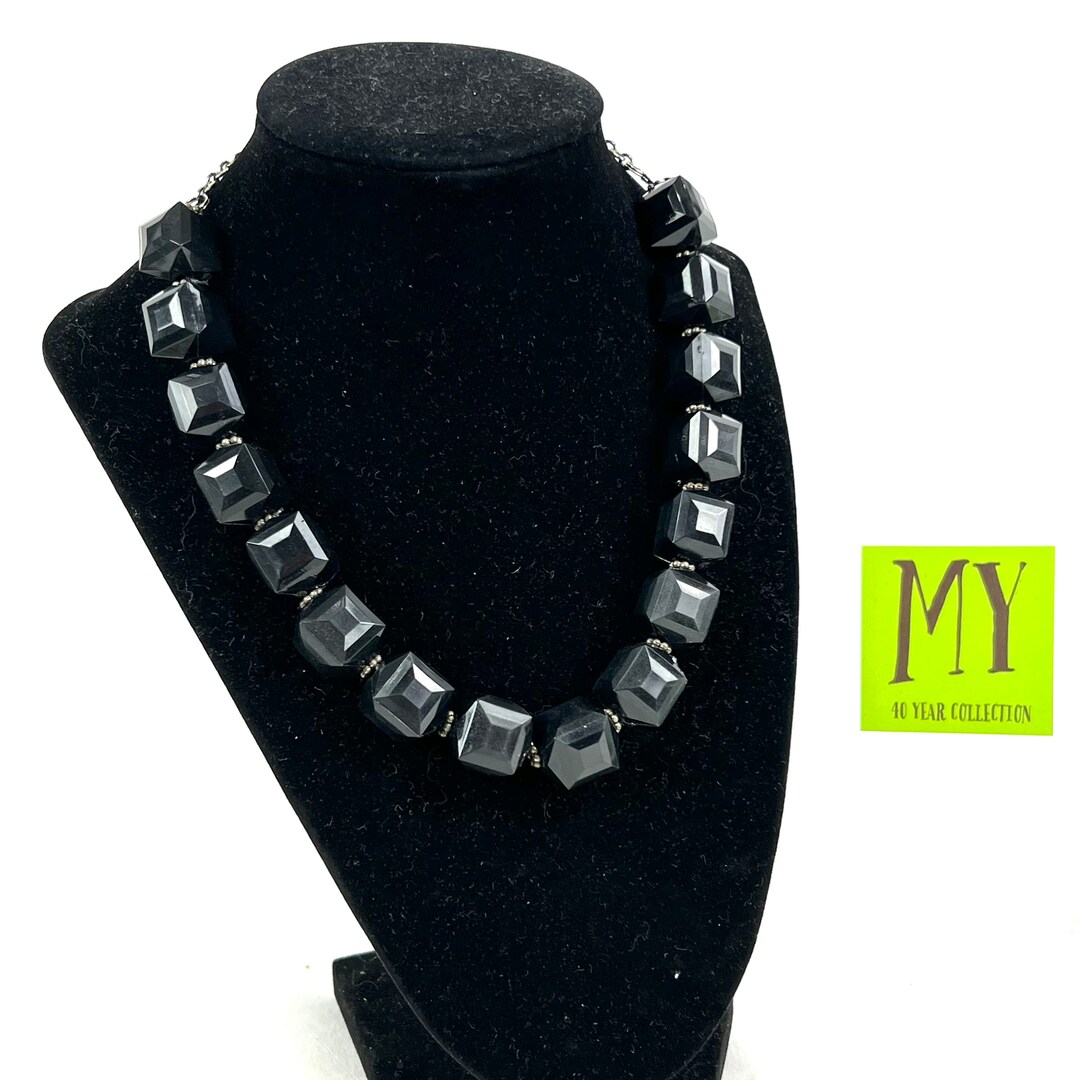 Vintage Black Necklace - Black Hard Spinel Cube Bead Facet Necklace ...