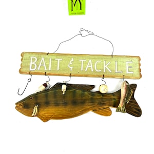 Vintage Rustic Wood Bait and Tackle Wall Hanging - Wood Fish Shape With ...