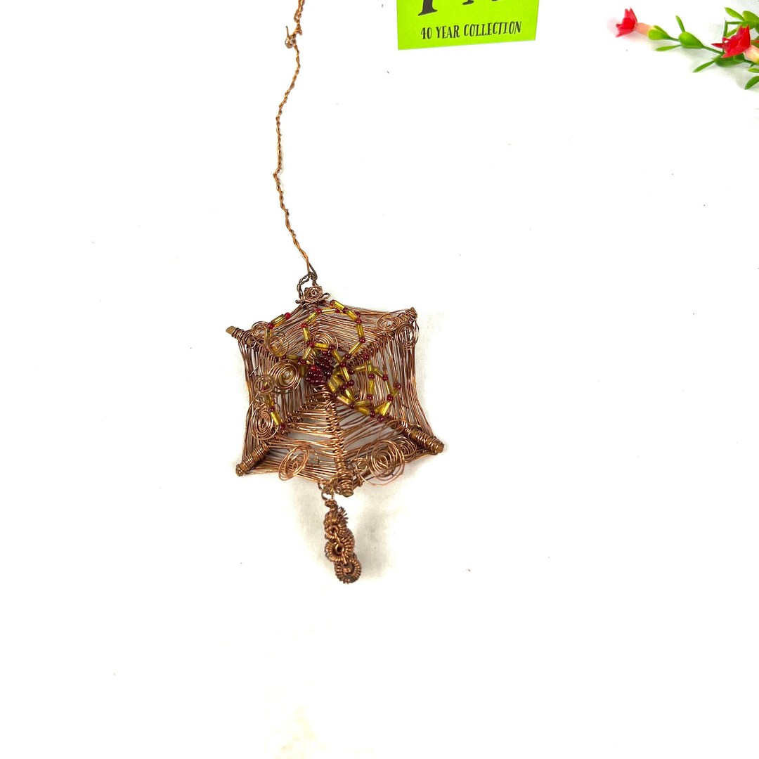 Vintage Copper Wire Spider Web Ornament: Beaded Metal Art - Etsy