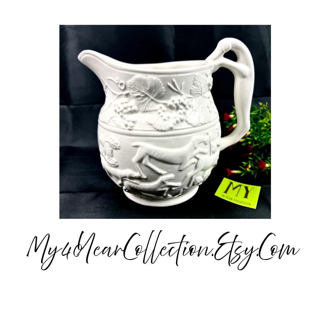 Vintage Pitcher Lord & Taylor White Embossed Pottery Pitcher With Hound ...