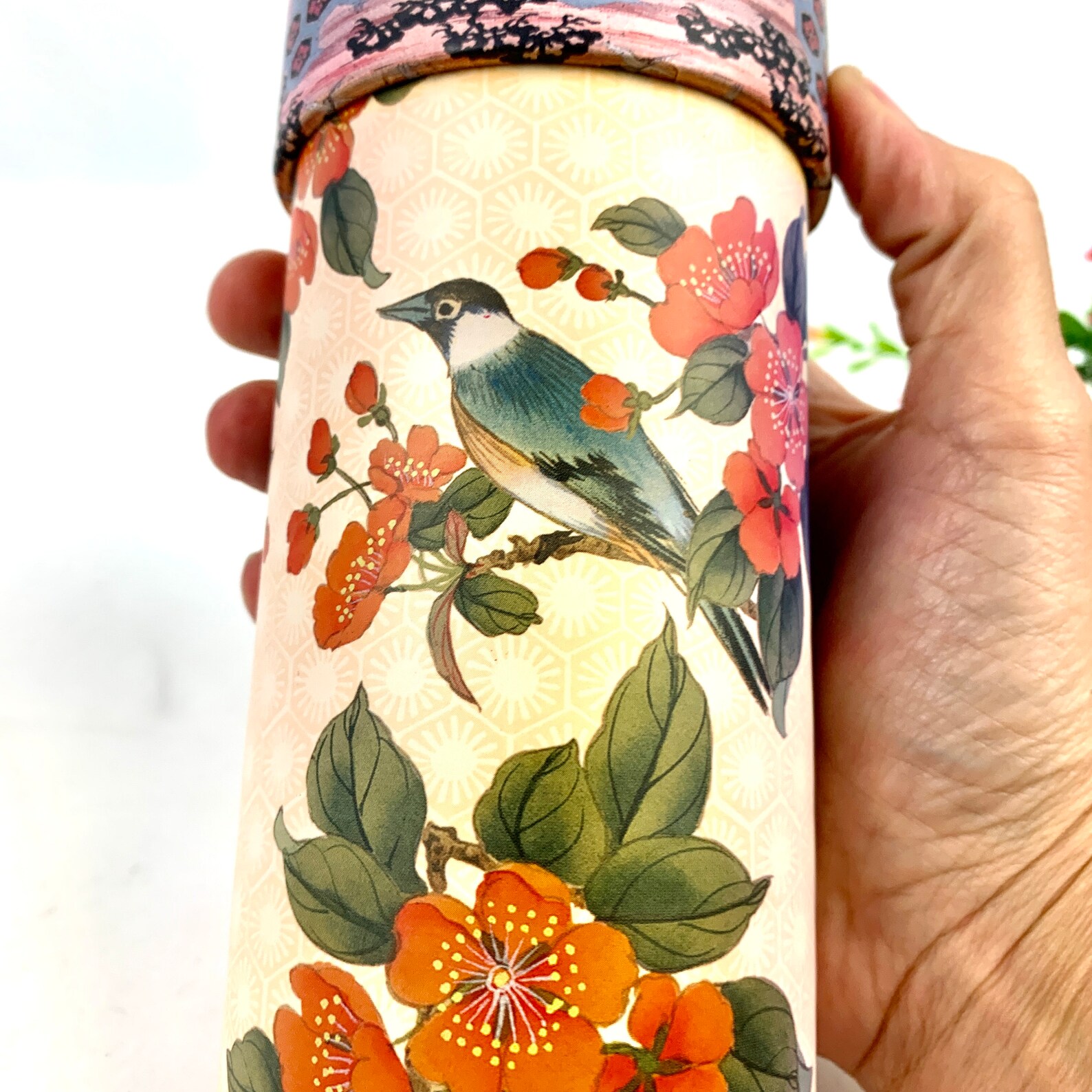 Vintage Punch Studio Paper Mache Cylinder Box: Floral Blue Bird Design ...