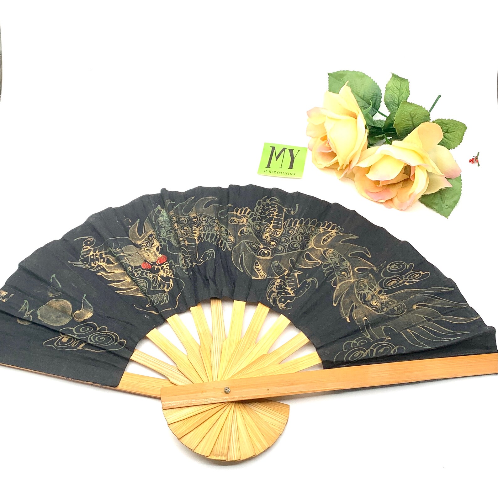 Vintage Chinese Dragon Fan Bamboo Fan Handpainted Dragon Black | Etsy