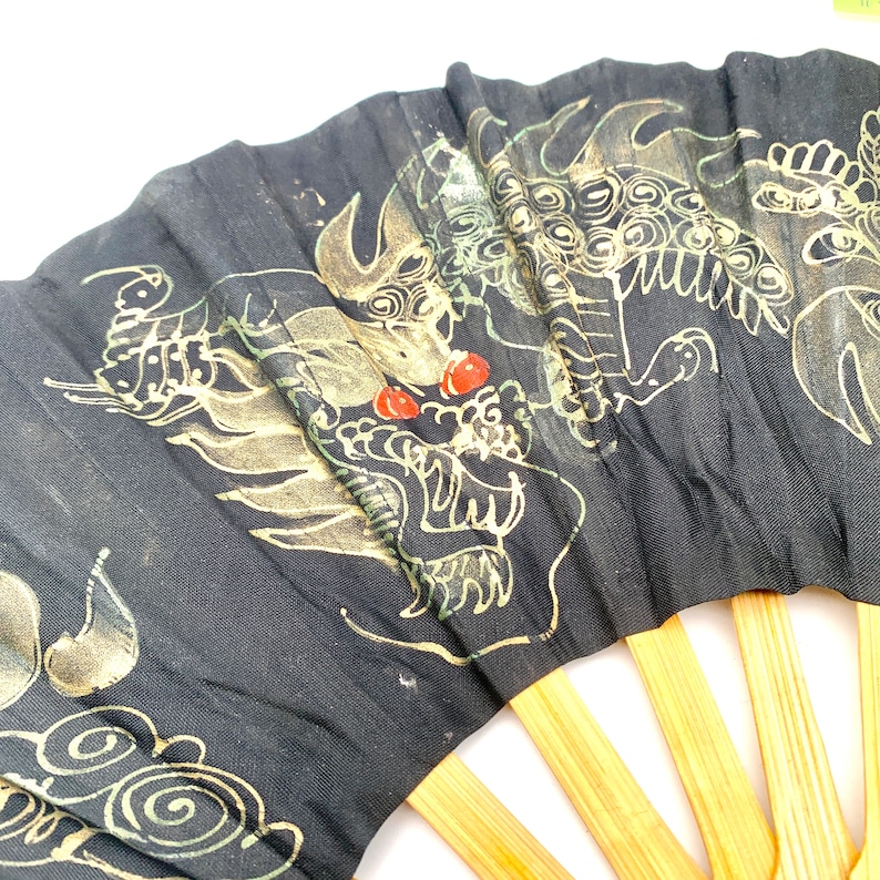 Vintage Chinese Dragon Fan Bamboo Fan Handpainted Dragon Black | Etsy