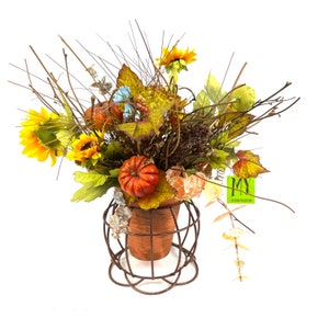 Vintage Fall Flower Arrangement - Faux Sunflowers Pupkins - Brushed ...