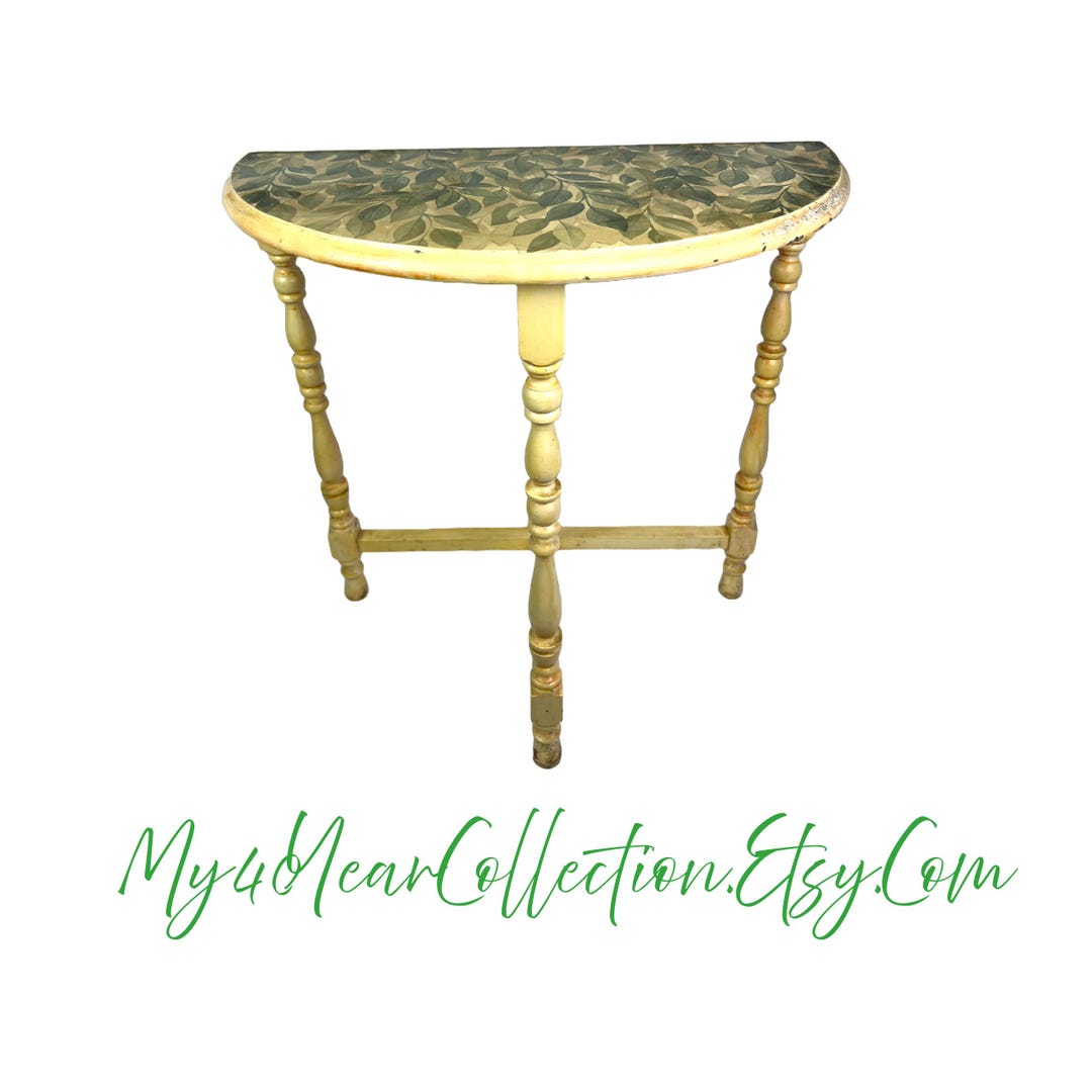 Antique End Table - Wooden Crescent Side Table - Painted With Leaves ...