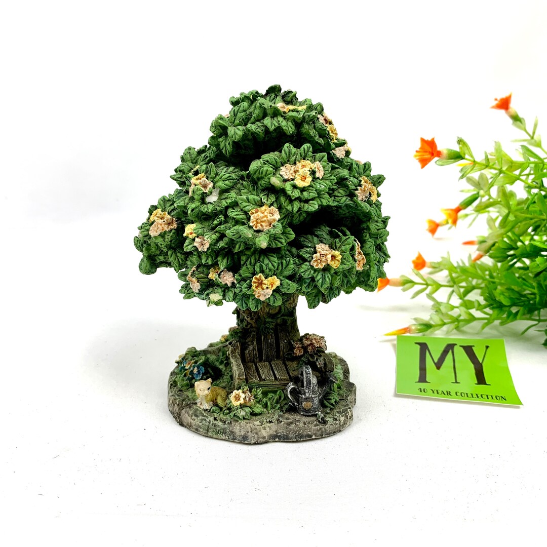 Precious Vintage Mini Fairy Tree Figurine Pink Flowers Tree Bench Water ...